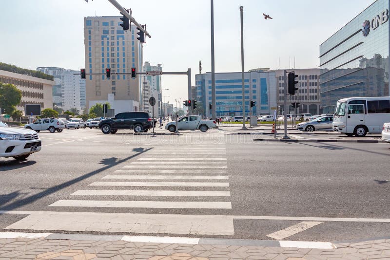 Doha, Qatar - December 20, 2018: Intersection with Traffic Lights on a ...