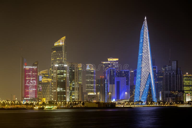 Beautiful Doha Skyline Night View Editorial Stock Photo - Image of ...