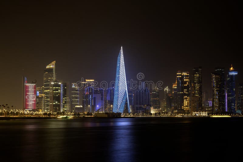 Beautiful Doha Skyline Night View Editorial Photography - Image of ...