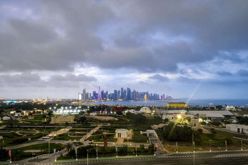 The Panoramic Skyline of Doha, Qatar during Sunrise Editorial ...