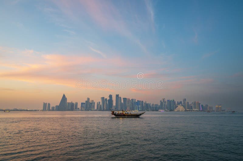 Doha Qatar Skyscrapers Sea Sunset Tour Ship Stock Photos - Free ...