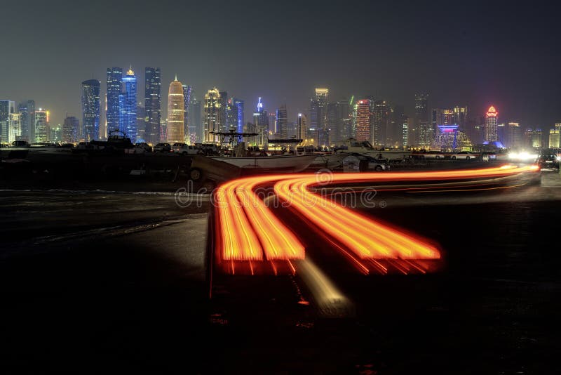 Doha Skyline from Corniche with Light Trail for Car Editorial Image ...