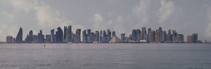 Doha Skyline in Corniche Sunset Panoramic View Stock Photo - Image of ...