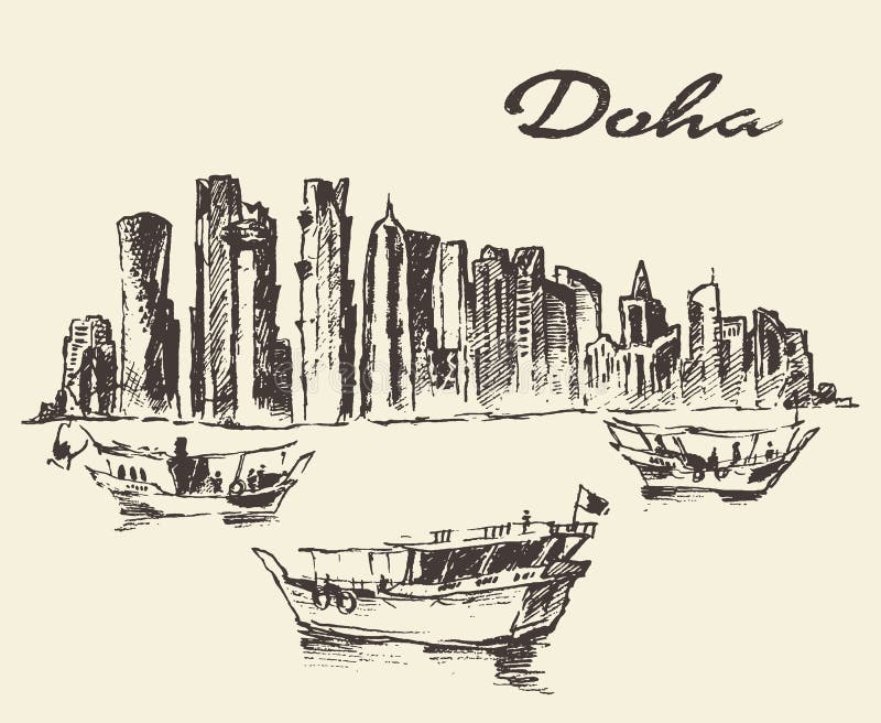 Qatar,Doha Skyline Hand Drawn Sketch Vector Illustration. Stock ...
