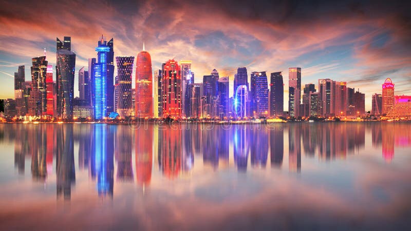 Doha Skyline at Dramatic Sunrise, Qatar Stock Image - Image of islamic ...