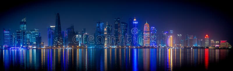 Doha Skyline with Many Towers during the Night Editorial Photo - Image ...