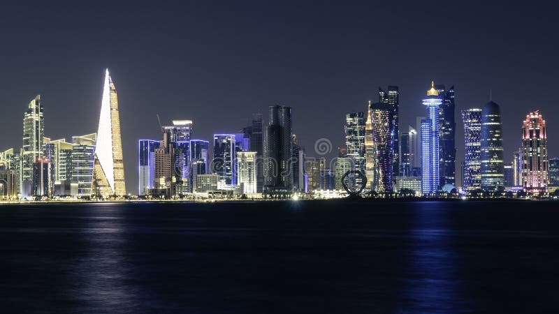 Doha Skyline at Night. Qatar. Doha Cityscape Stock Image - Image of ...