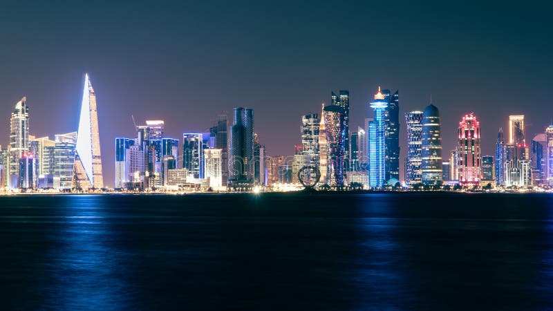 Doha Skyline at Night. Qatar. Doha Cityscape Stock Image - Image of ...