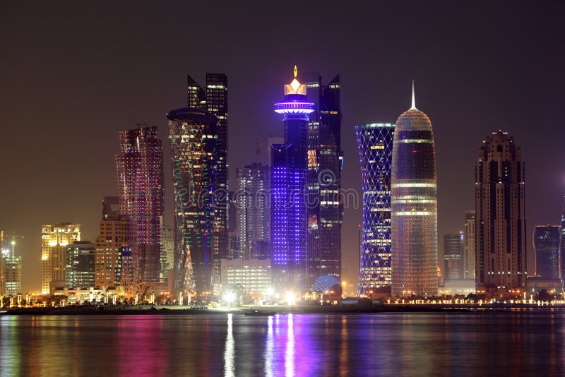 Doha Skyline At Night, Qatar Stock Image - Image of night, corniche ...