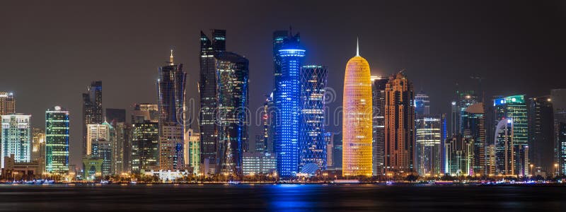 Doha Skyline Night Panorama Stock Photo - Image of arabian, gulf: 101217048