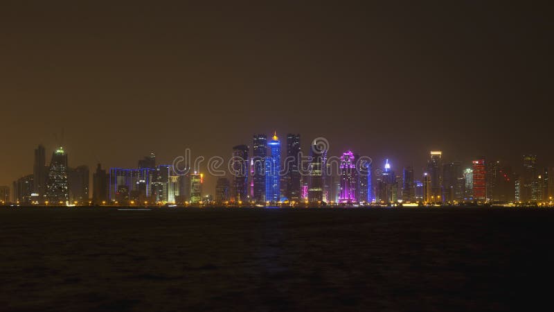 Doha Skyline at Night, Qatar, Middle East Stock Image - Image of light ...