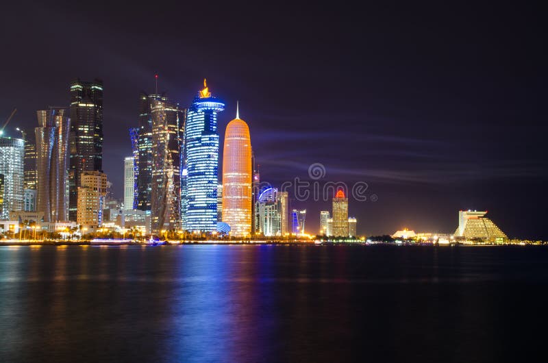 Doha skyline night scene stock image. Image of illuminated - 51332507