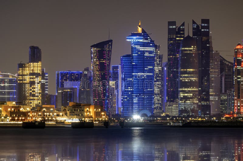 Doha Skyline Night View from Mina Port Doha Qatar Editorial Stock Photo ...