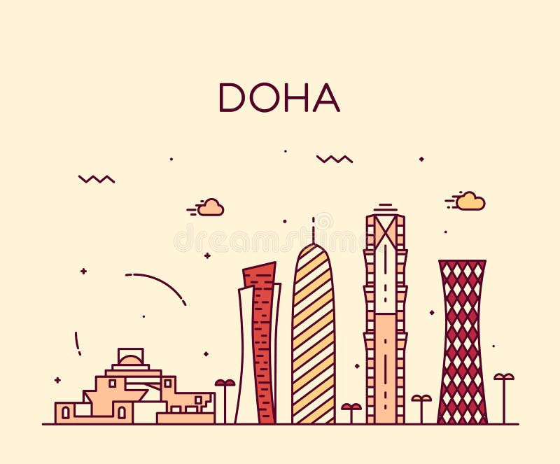 Doha Skyline Silhouette Illustration Linear Style Stock Vector ...