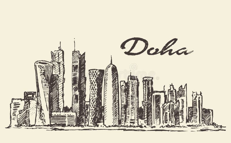 Doha Skyline Vector Illustration Hand Drawn Stock Vector - Illustration ...
