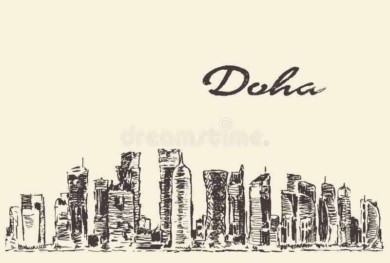 Doha Skyline Qatar City Buildings Vector Linear Stock Vector ...