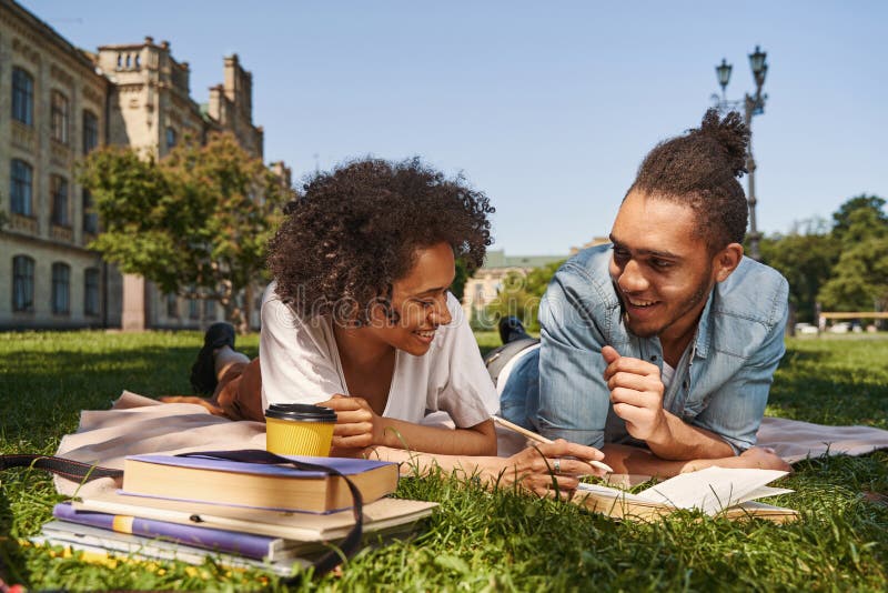 Doing Homework Together in Pleasant Atmosphere of the Park Stock Image ...