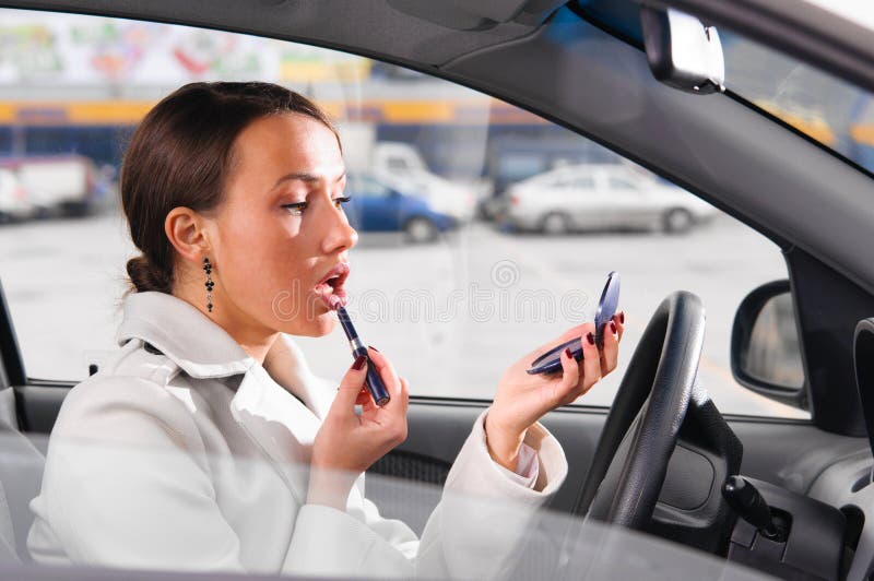 Woman is Doing Makeup in Her Car Stock Image - Image of makeup, driver ...