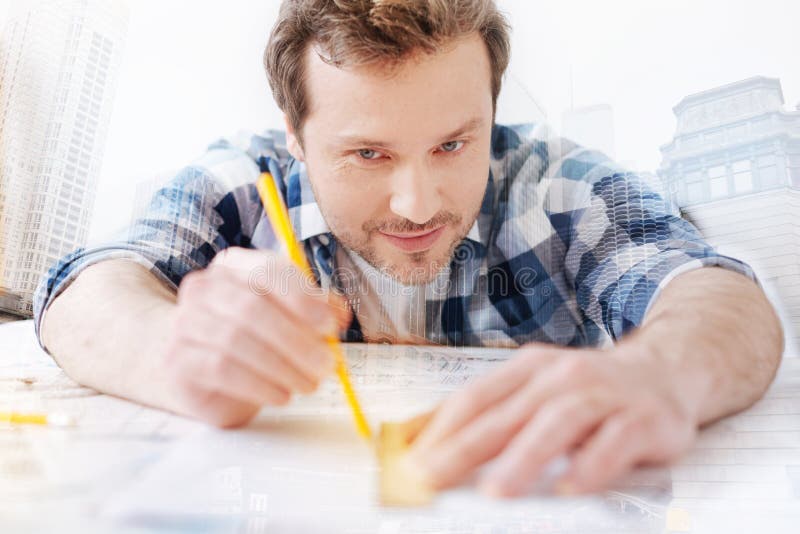 Talented Engineer Using a Pencil and a Ruler Stock Image - Image of ...