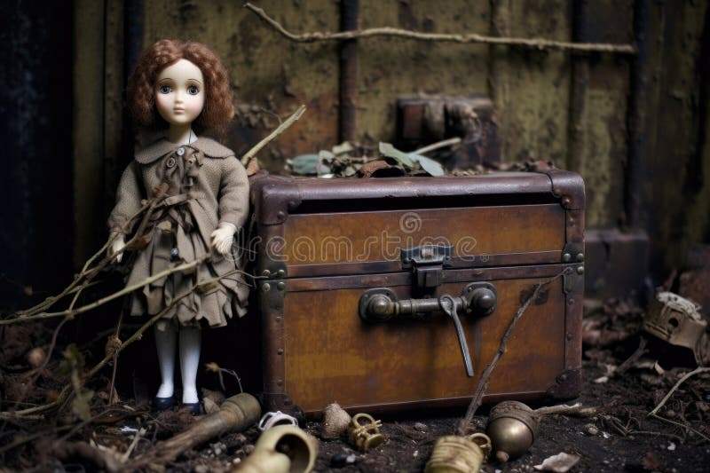 Doll Holding a Vintage Key Near a Locked Trunk Stock Illustration ...