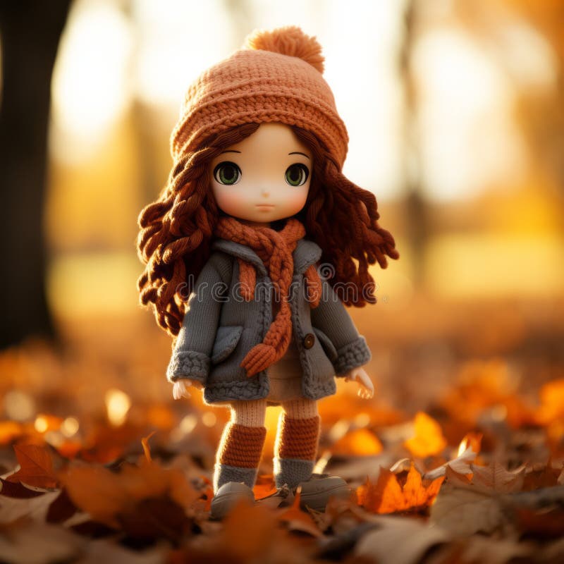 A Doll with Long Red Hair Standing in a Field of Fallen Leaves Stock ...