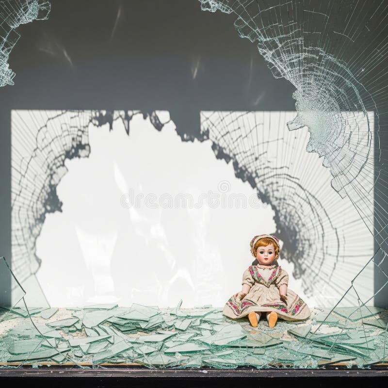 The Doll is Sitting in Front of Broken Glass. Stock Image - Image of ...