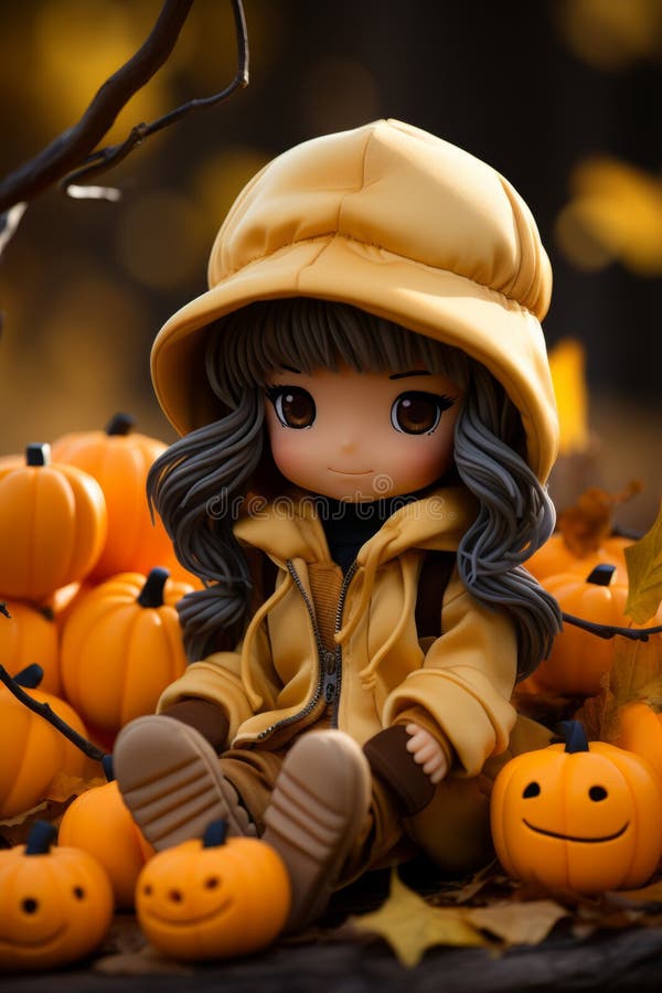 A Doll Sitting in Front of Pumpkins Stock Illustration - Illustration ...