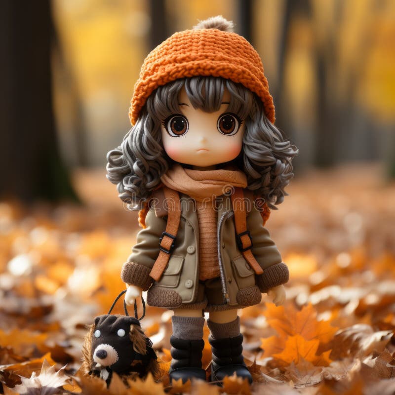 A Doll Stands in the Autumn Leaves with a Dog Stock Illustration ...