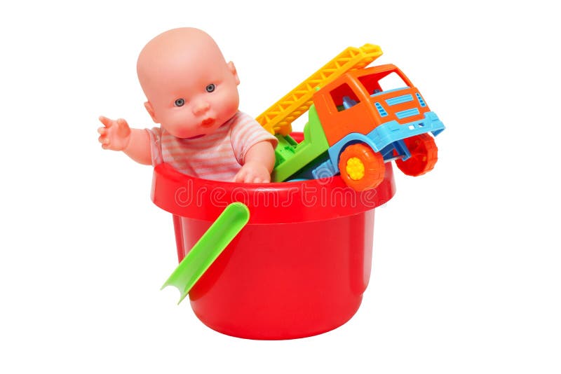 Doll and Toy Car in the Bucket. Stock Image - Image of human, hand ...