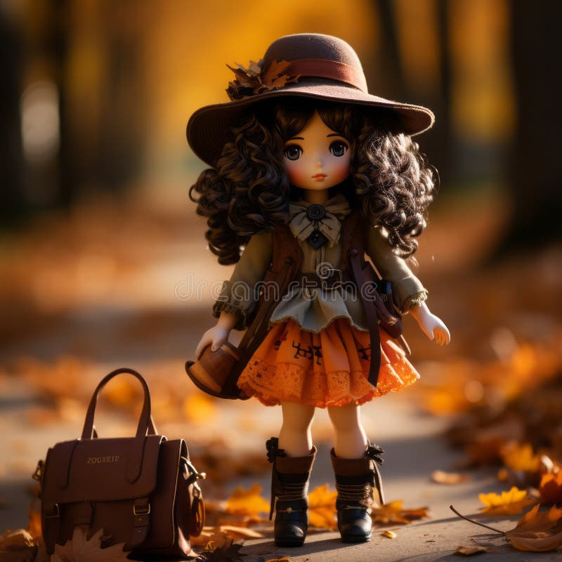 A Doll Wearing a Hat and Dress Standing in the Fall Leaves Stock ...