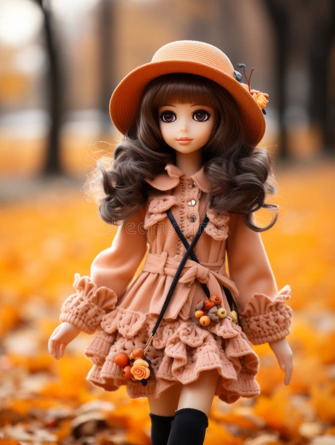 A Doll Wearing an Orange Dress and Hat in the Fall Stock Illustration ...