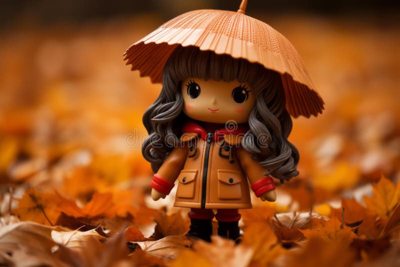 A Doll Wearing an Umbrella in a Field of Fallen Leaves Stock ...