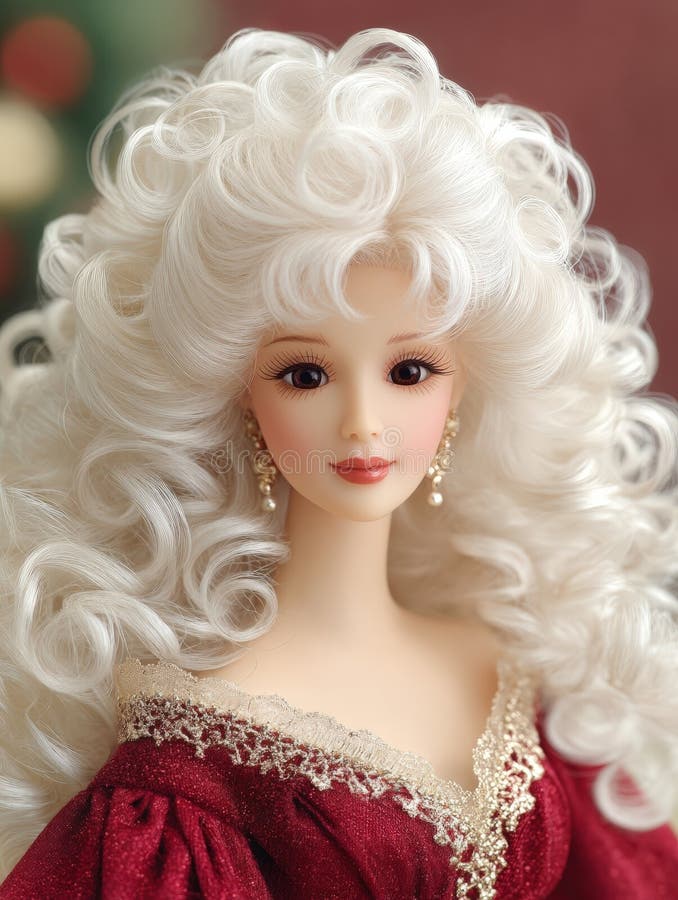 Doll with White Wig Wearing Red Dress Standing Against Plain White ...