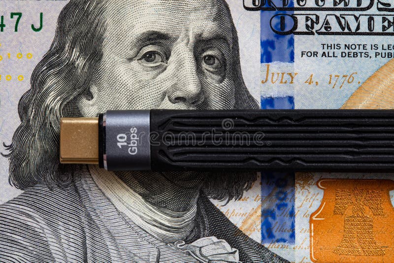 100 Dollar Banknote with Black USB Type-C Cord Stock Image - Image of ...
