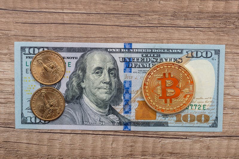 100 Dollar Banknote with New Virtual Money - Bitcoin. Stock Photo ...