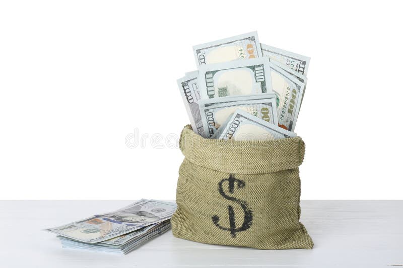 Dollar Banknotes in Bag on Table Against White Background Stock Image ...