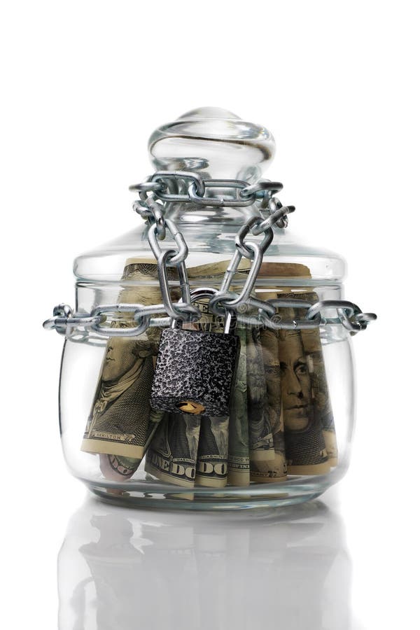Dollar Banknotes On Glass Jar Locked With Padlock And Chain On White ...