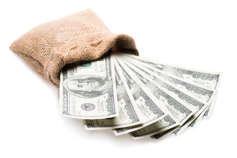 Dollar Banknotes in Money Bag Isolated on White Stock Photo - Image of ...