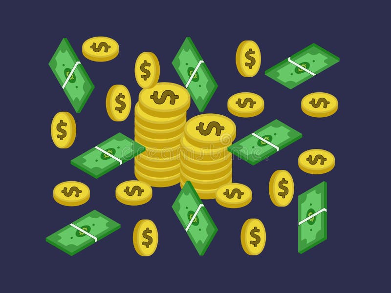 Money and Coins Vector Illustrations. Dollar Banknotes Pile, Golden ...