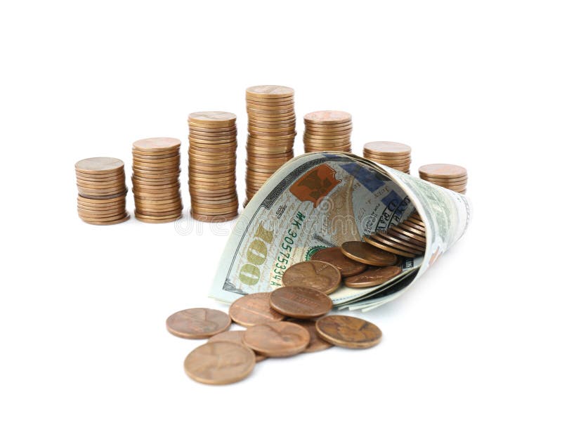 Dollar Bill and Coins Isolated Stock Image - Image of bill, currency ...