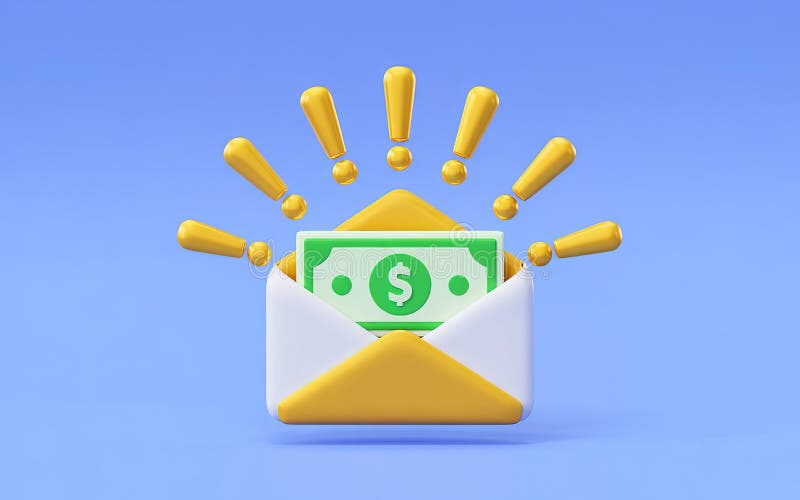 Dollar Bill in Envelope with Golden Exclamation Points on a Light Blue ...