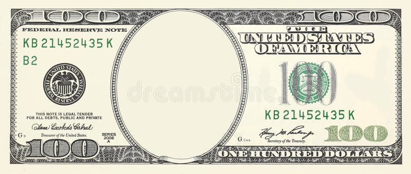 100 Dollar Bill Front with No Face Frame for Design Isolated on White ...