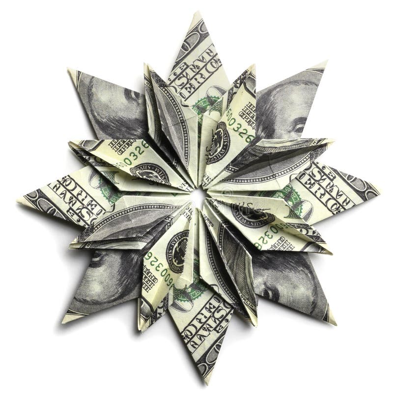 A 100 Dollar Bill in the Shape of a Snowflake on a White Background ...