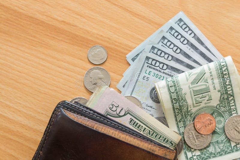 Dollar Bills and Coins Wallet Stock Photo - Image of fifity, wallet ...