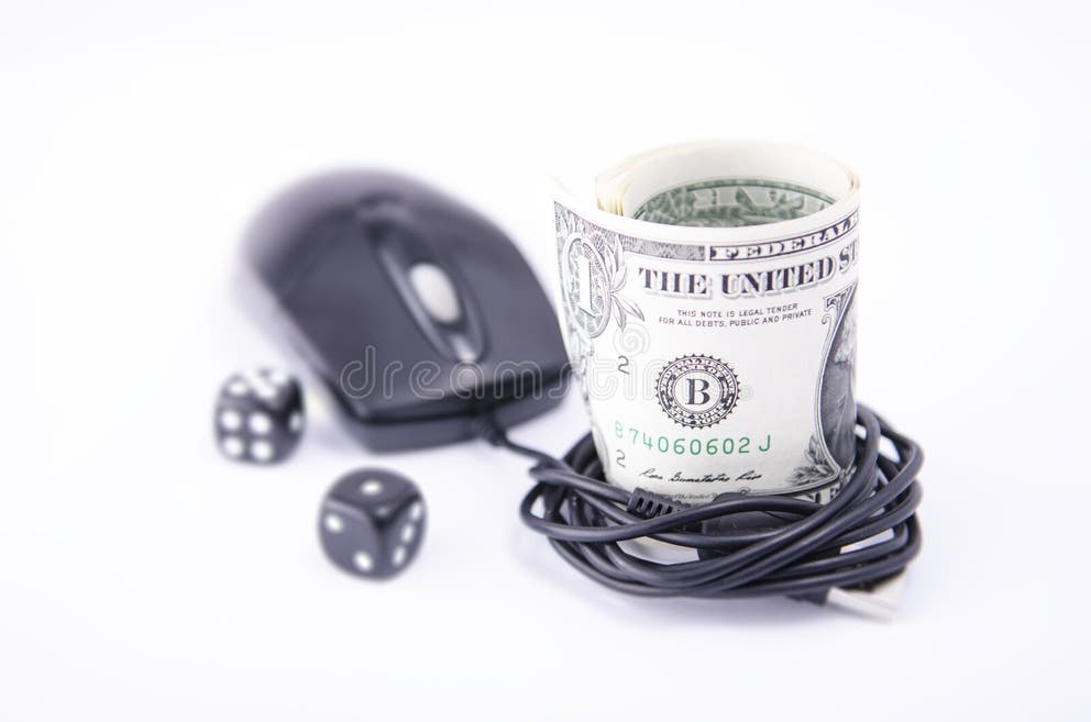 Dollar Bills with Computer Mouse and Dice Stock Photo - Image of black ...