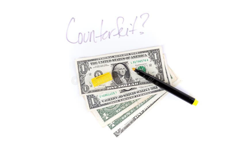 Dollar Bills with a Counterfeit Money Check Marker Stock Photo - Image ...