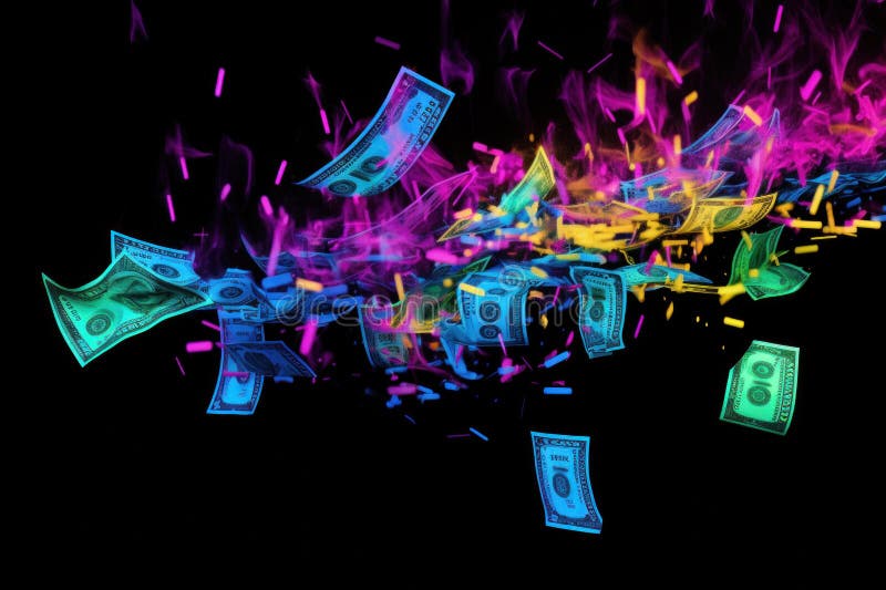 Dollar Bills Falling with Neon Colorful Background Stock Illustration ...