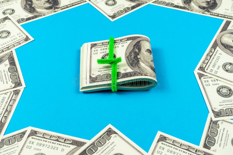 Prop Money Dollars and Black Envelope.Light Blue Background Stock Photo ...
