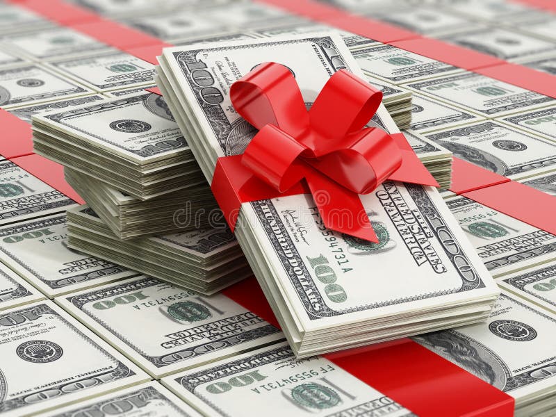 100 Dollar Bills Stack Wrapped with Red Ribbon. 3D Illustration Stock ...