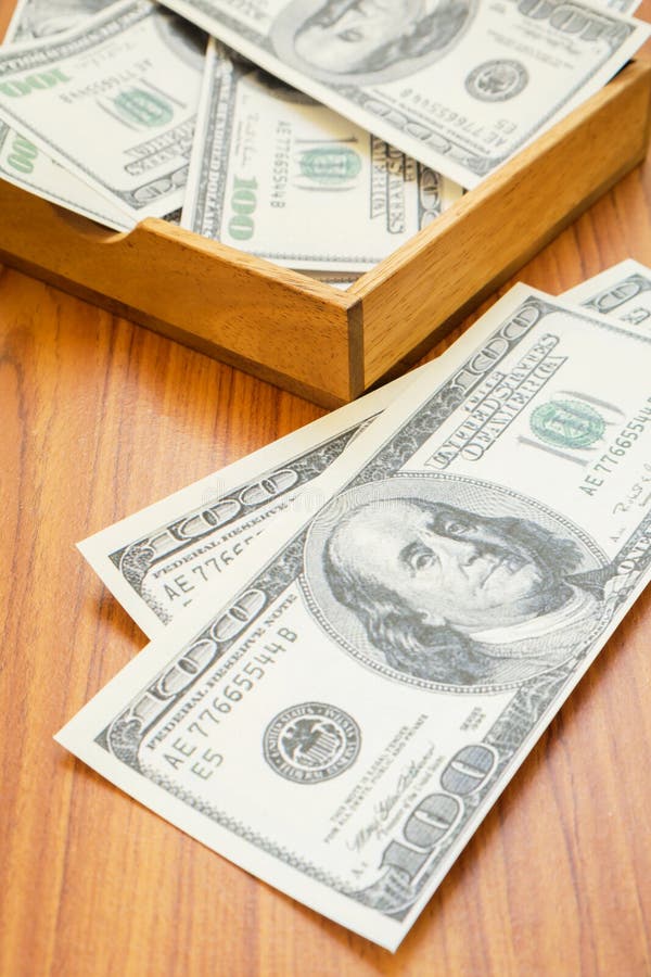 Dollar Bills with Wooden Box Stock Image - Image of tray, heap: 36869849